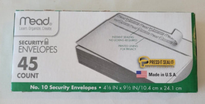 Mead #10 Security Privacy Envelopes, Self Adhesive, 4.125x9.5" White ...