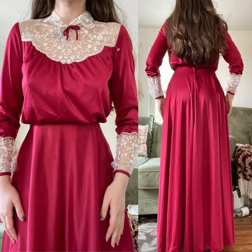 Vintage Red Prairie Dress 1970s Maxi Long Lace Satin Slip Peasant ...