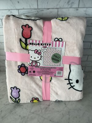 NWT Sanrio Hello Kitty Tulips Daisies Flowers Plush FULL/QUEEN Blanket ...