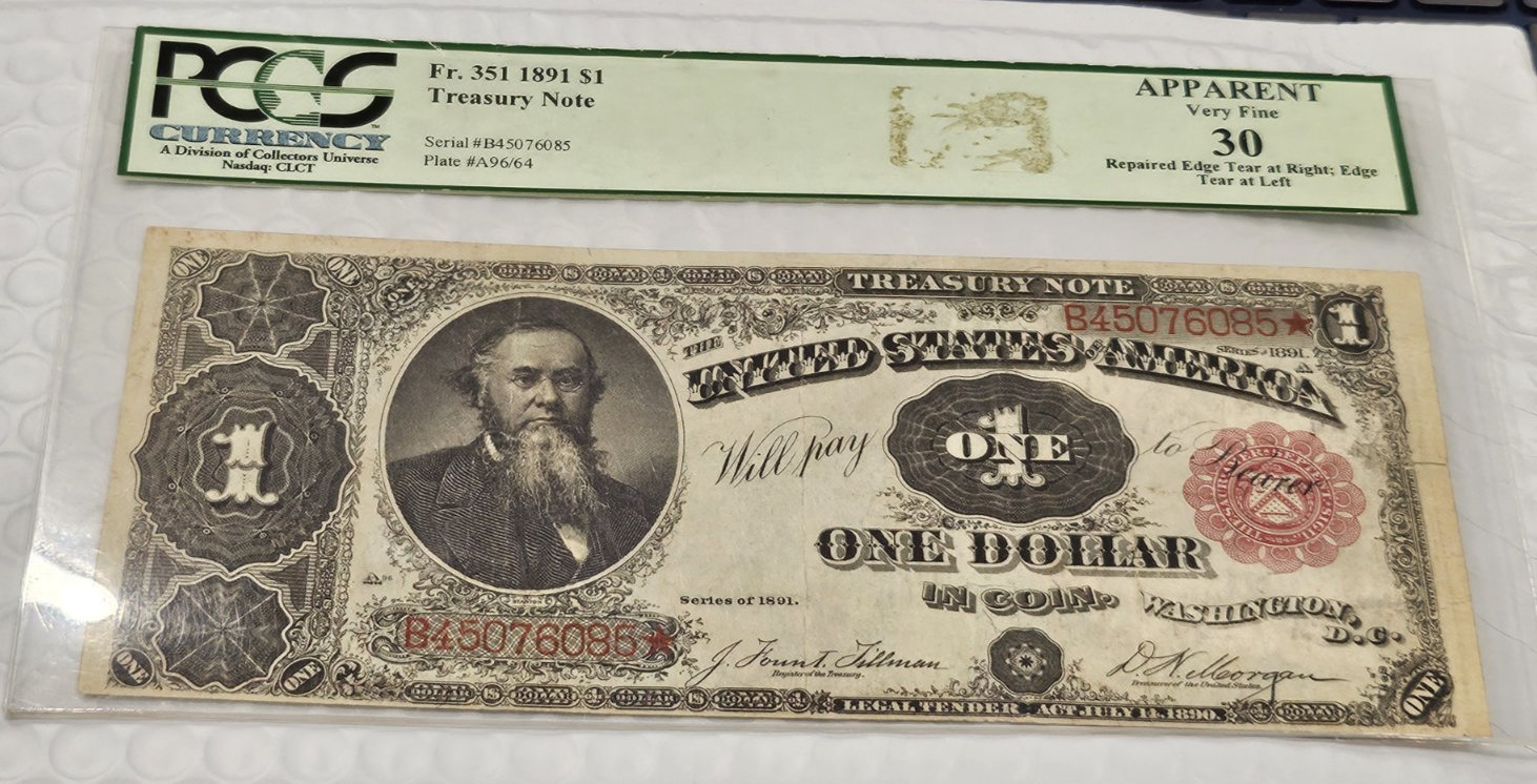 1891 Star $1 US Treasury Note Fr. 351 / Tillman & Morgan / small PCGS ...