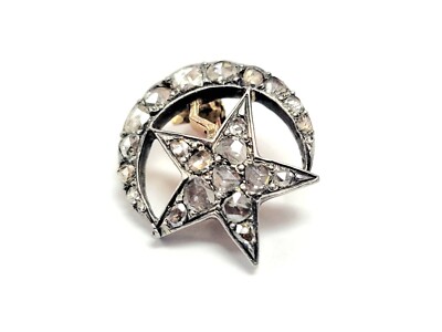Old Antique Vintage Diamond 14k Gold & Silver Islam Crescent Star Pin ...