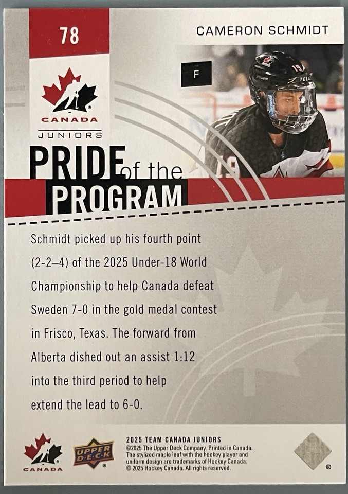 Cameron Schmidt Rookie 2025 Upper Deck Team Canada Juniors POP #78 ...