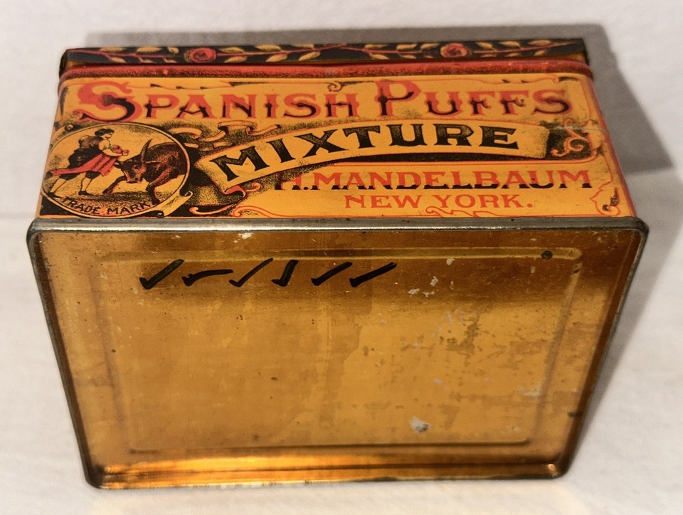 ANTIQUE SPANISH PUFFS MIXTURE TIN LITHO TOBACCO CAN BULL MATADOR H ...