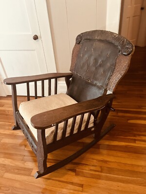 Rocking Chair/Antique 1800/Leather/Cow. Unique/Hand Carved Arm | eBay