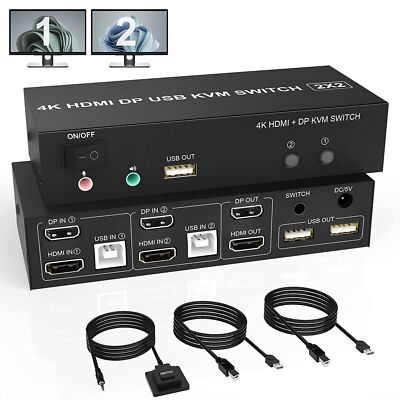 HDMI+DisplayPort DP USB KVM Switch 4K 60Hz Dual Monitor 2X2 Keyboard ...