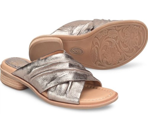 Sofft Fallon Bronze Leather Pleated Metallic Slides Sandals Women's ...