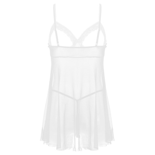 Women Mesh Babydoll Sleepwear Lace Trimming Cupless Mini Dress+Thongs ...