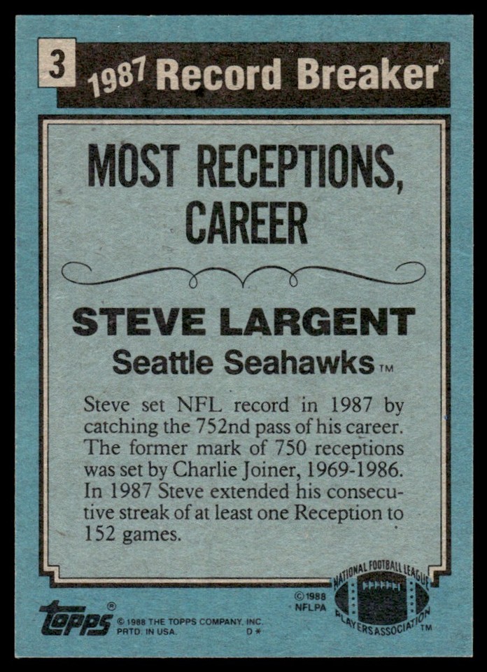 1988 Topps Steve Largent NM Seattle Seahawks #3 Tulsa Golden Hurricanes ...