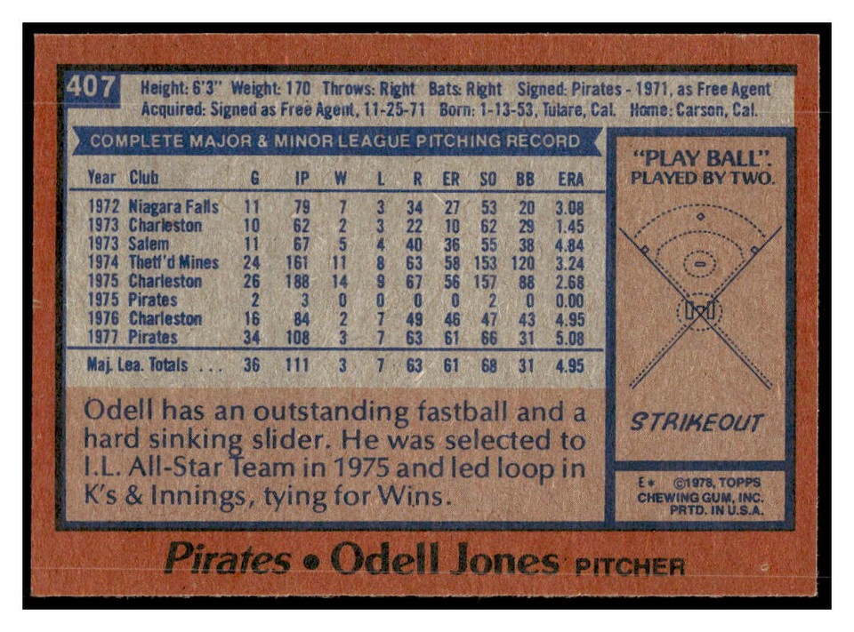 1978 Topps 407 Odell Jones Pittsburgh Pirates Rookie | eBay