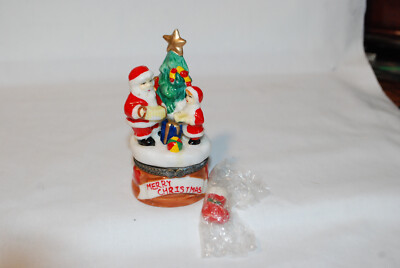 NOMOGES Santa Merry Christmas Hinged Trinket Box Porcelain 3”/stocking ...
