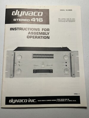 Dynaco Stereo 416 Power Amplifier Amp Instructions Original OEM Genuine ...