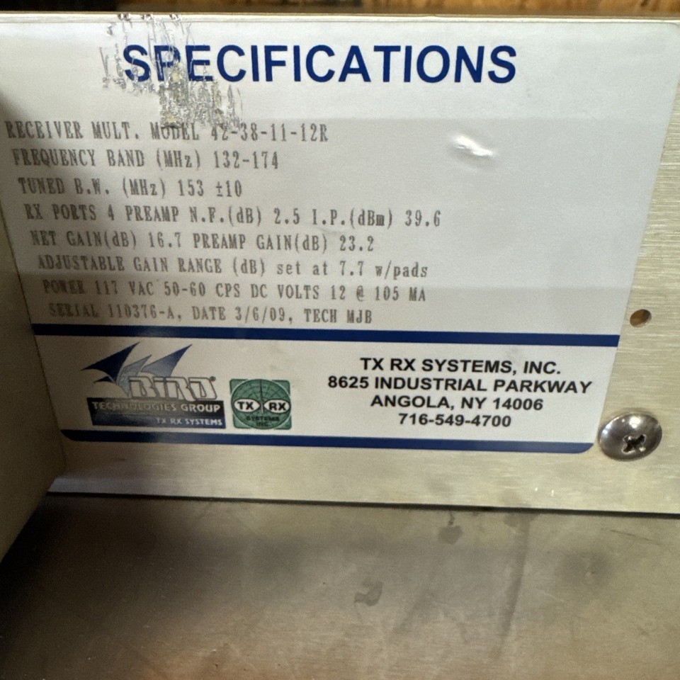 TX RX Systems, Bird Technologies Receiver, Multi. Model 42-38-11-12R ...