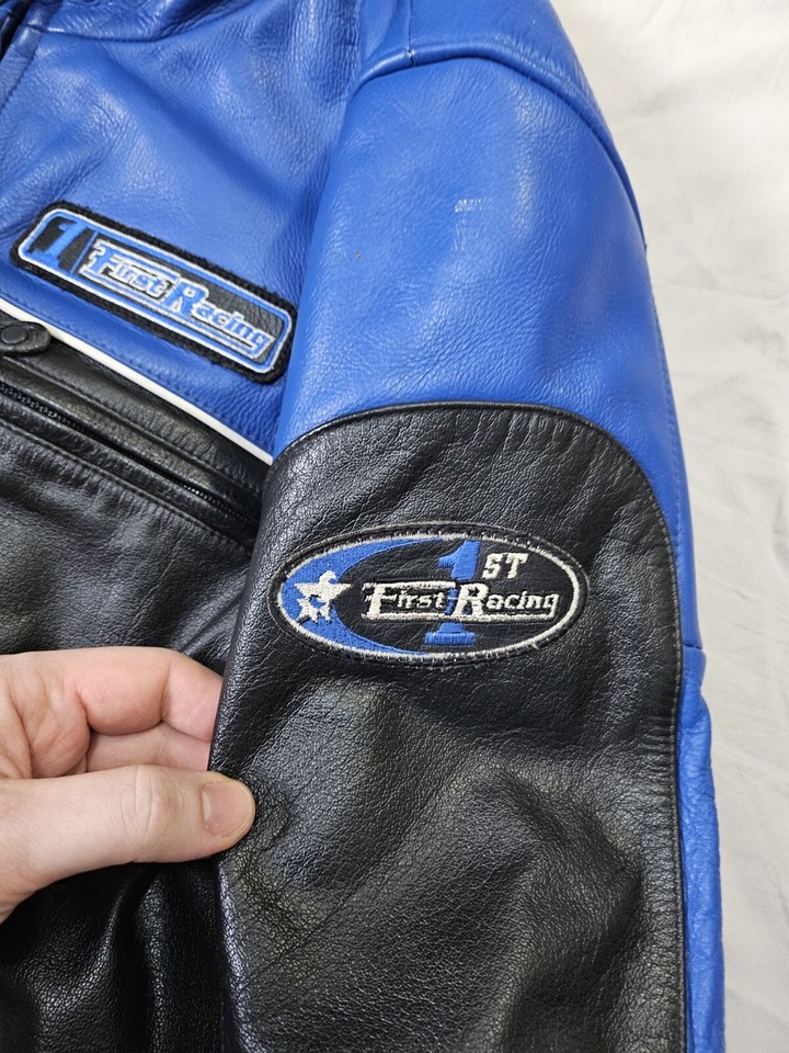 VGC FIRST RACING Leather Sporty Motorcycle Kev Lar Jacket Blue & Black ...