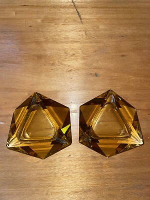 Pair Of Imperlux Yellow Amber Geometric Crystal Ashtrays E Germany MCM ...