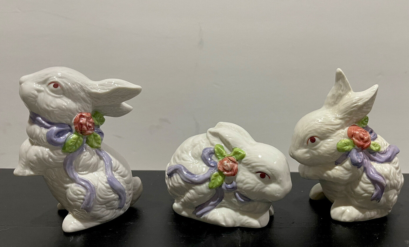 Vintage Porcelain Rabbit Figurines 3 Adorable Bunnies, Rose ribbon hand ...