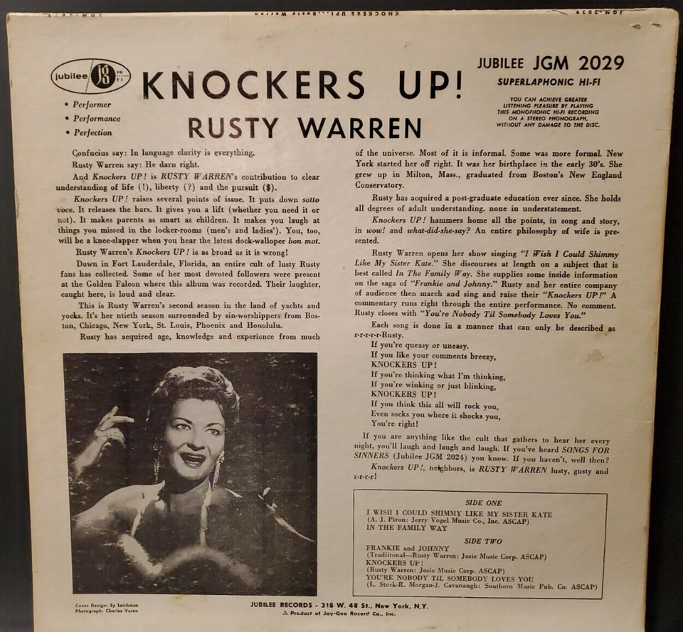 Rusty Warren - Knockers Up! Vinyl LP JGM 2029 Jubilee Records Stand-Up ...