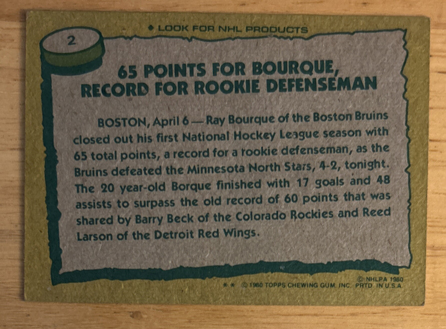 1980-81 Topps Ray Bourque Record Breaker Hockey Rookie Card (RC) #2 ...