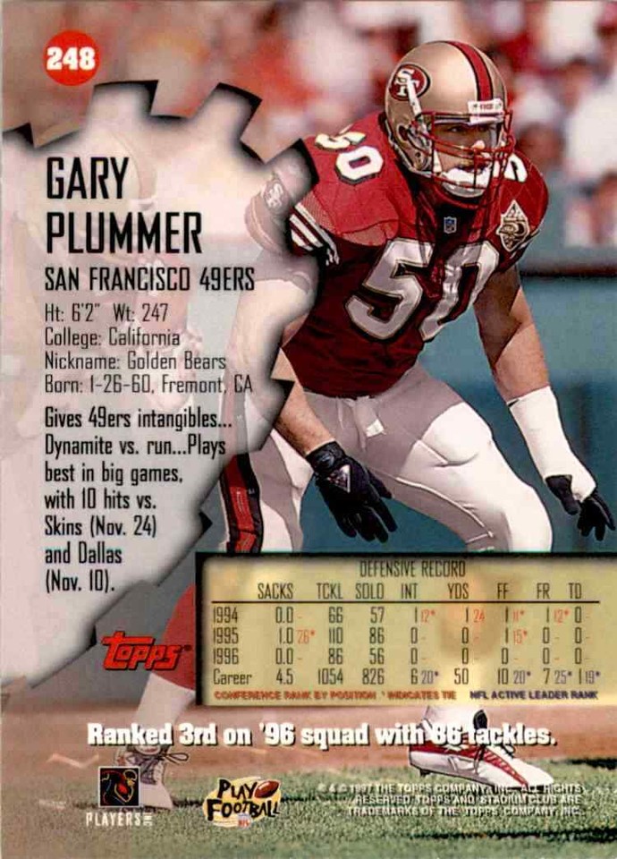 1997 Stadium Club Football Card Gary Plummer #248 (87779) | eBay