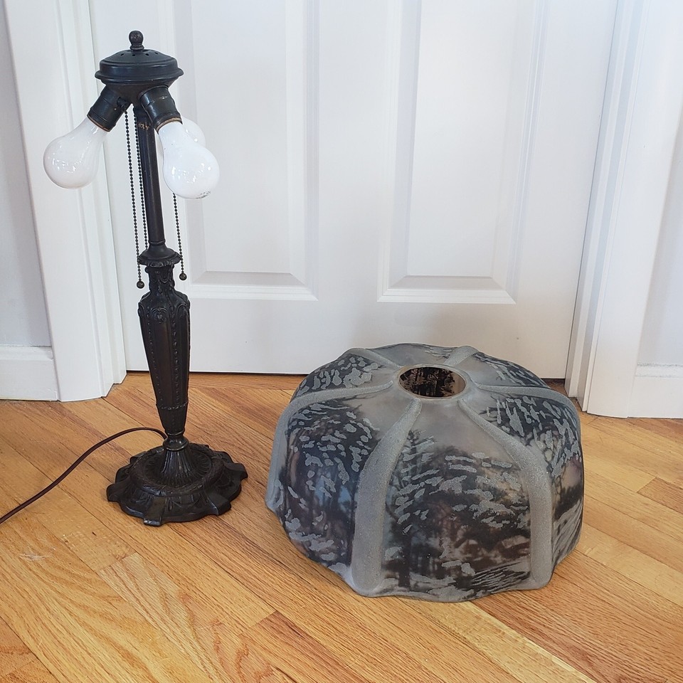 HUGE Pittsburgh Reverse Painted Winter Scene Lamp - Handel Pairpoint ...