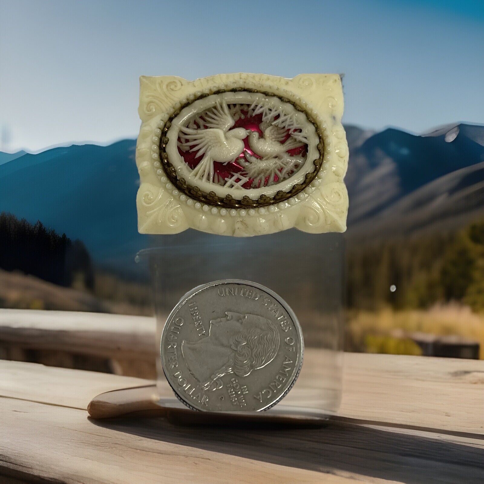 Art Deco Molded Celluloid Love Birds in Frame Pink Foil Background ...