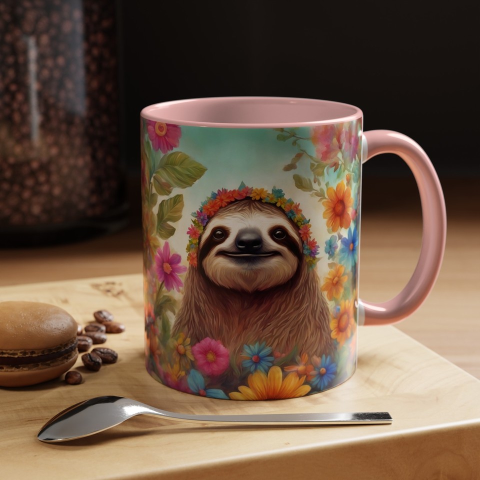 Accent Coffee Mug 11oz Happy Funny Sloth Flowers Floral Multicolor | eBay