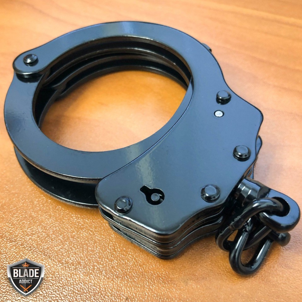REAL Police Handcuffs DOUBLE LOCK Professional BLACK STEEL Hand Cuffs w ...