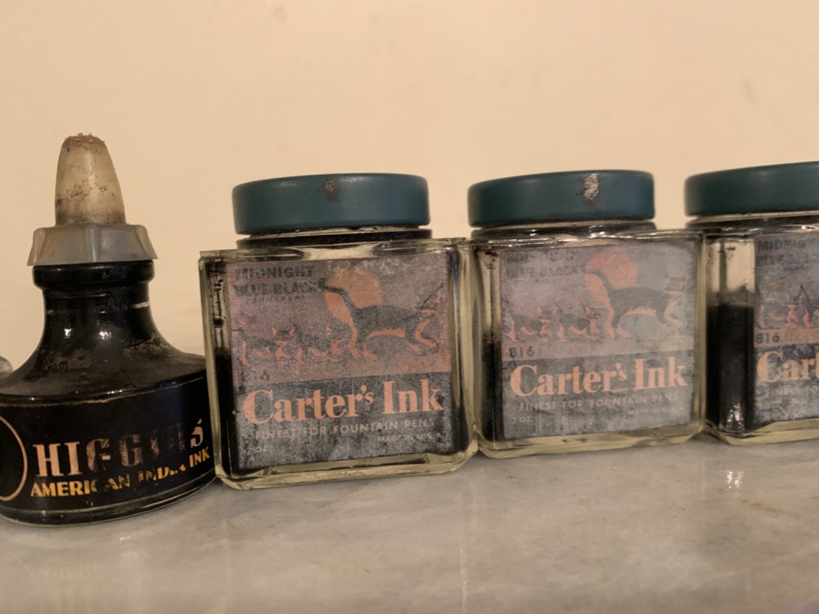 Vintage 3 Carters & 2 Higgins Ink Bottles Partially filled Blue Black ...