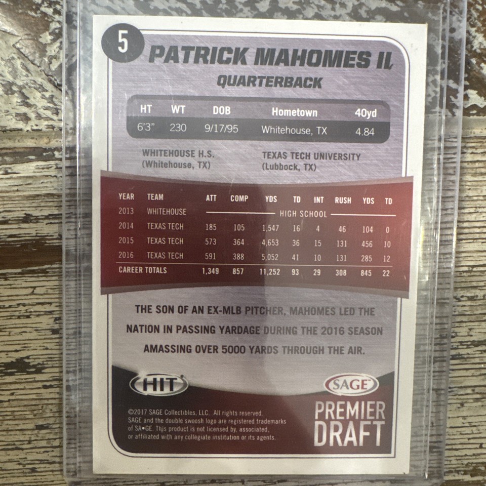 DA108313 2017 SAGE HIT Premier Draft Blue #5 Patrick Mahomes II RC | eBay