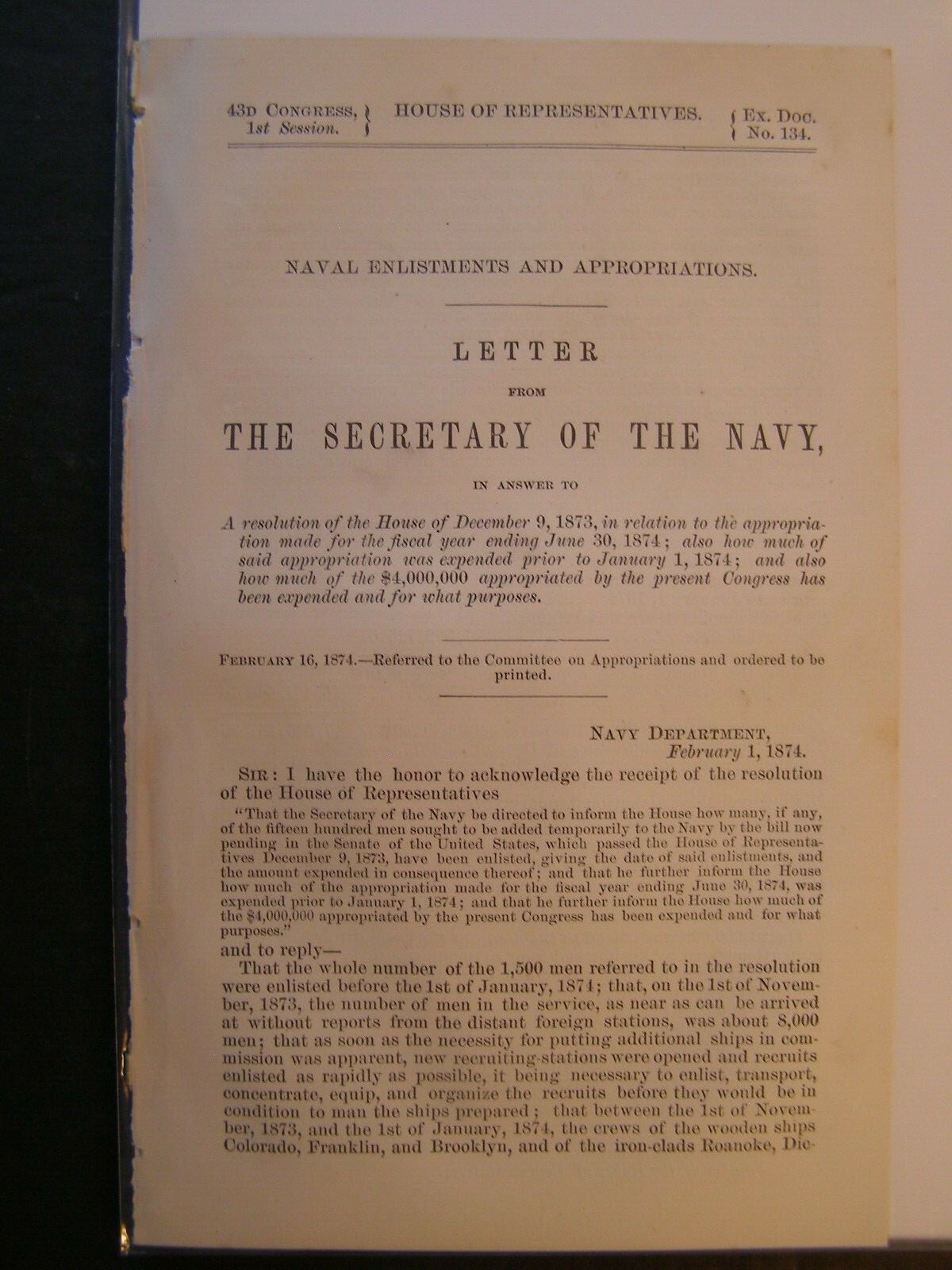 Government Report 1874 Naval Estimates & Appropriations 1500 Men Added ...