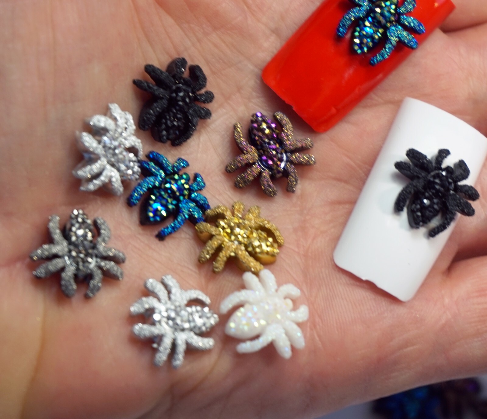 10 MIXED SPIDER CHARMS HALLOWEEN RHINESTONE SPIDERS 3D NAIL ART SMALL ...