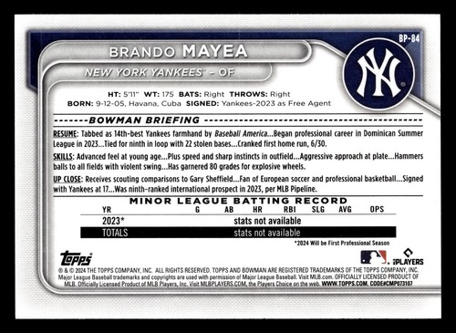Brando Mayea 2024 Bowman Prospect #BP-84 New York Yankees Rookie RC ...
