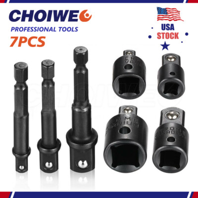 Hex Shank Bit Square Nut Driver Set Impact Socket Adapters 7Pcs 1/4" 3/ ...