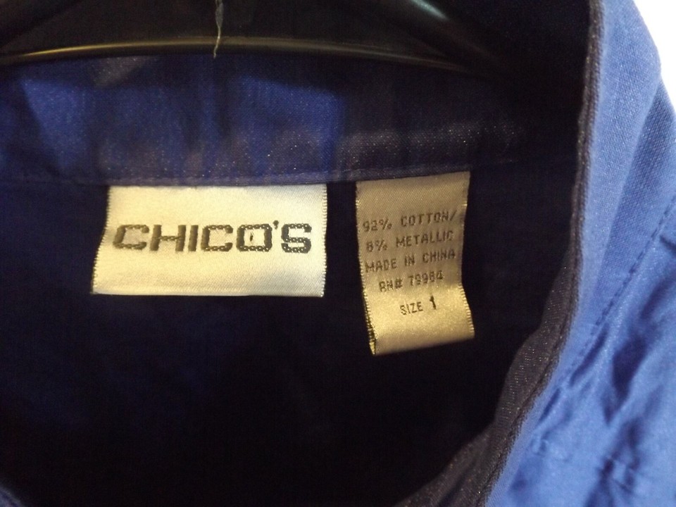 Chico's M (6-8) mandarin collar button front unlined metalic sheen top ...