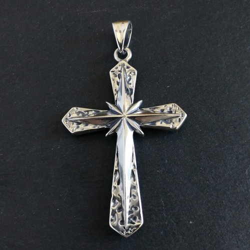 Solid 925 Sterling Silver Textured Cross Pendant with Star Double Sided ...