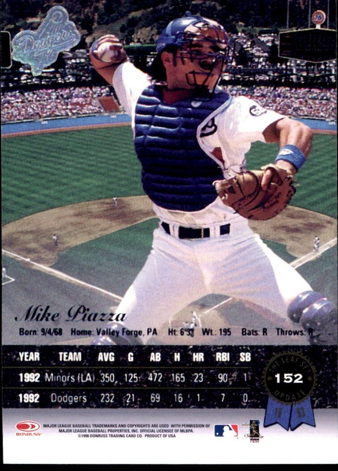 1998 Leaf #152 Mike Piazza LOS ANGELES DODGERS ANNIVERSARY SP ...