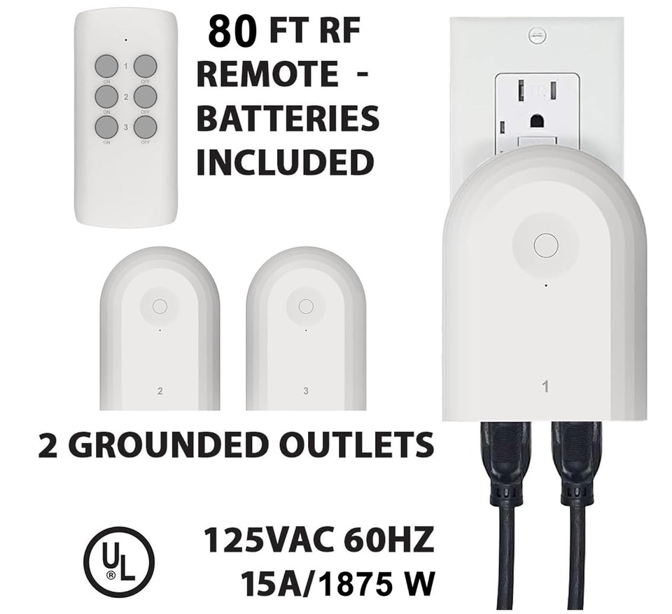 TEKLECTRIC Indoor Remote Control Outlet with 2 Grounded Plugs, 80 FT ...