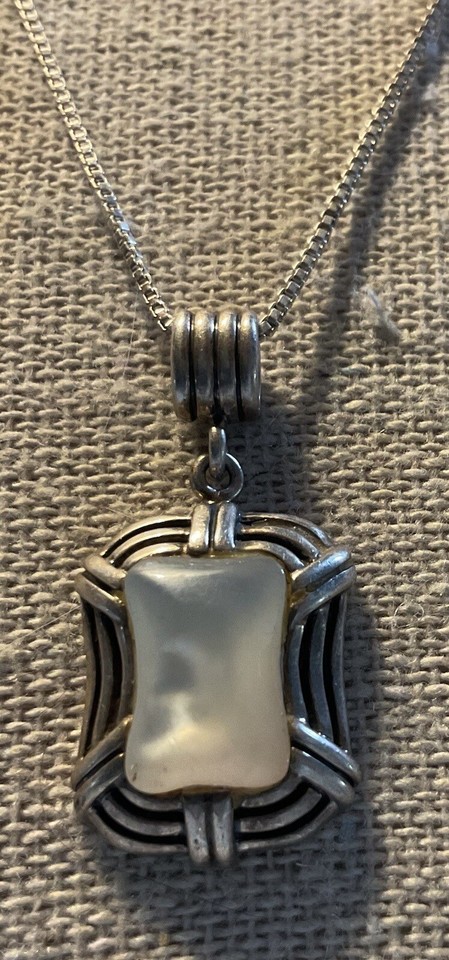 A Signed Sterling Square White Mop Heavy Frame Pendant Necklace Box ...