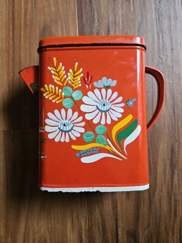 Vintage Ransburg Tin Canister With Handle & Spout Hand Painted Flowers ...