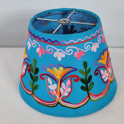 Small Bright Blue Embroidered Floral Leaf Lined Lamp Shade BOHO CHIC 6. ...