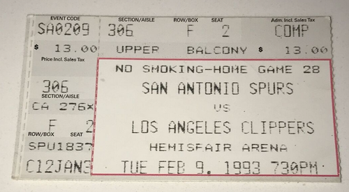 San Antonio Spurs Los Angeles Clippers 2/9/93 NBA Ticket Stub David ...
