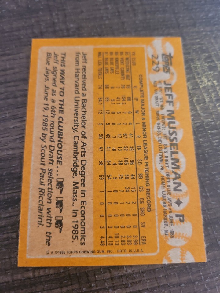 Jeff Musselman #229 1988 Topps Baseball Card | eBay