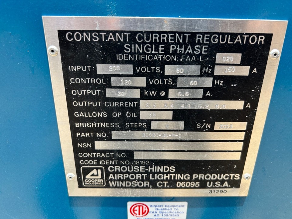 31060 Constant Current Regulator Transformer Crouse Hinds Airport ...