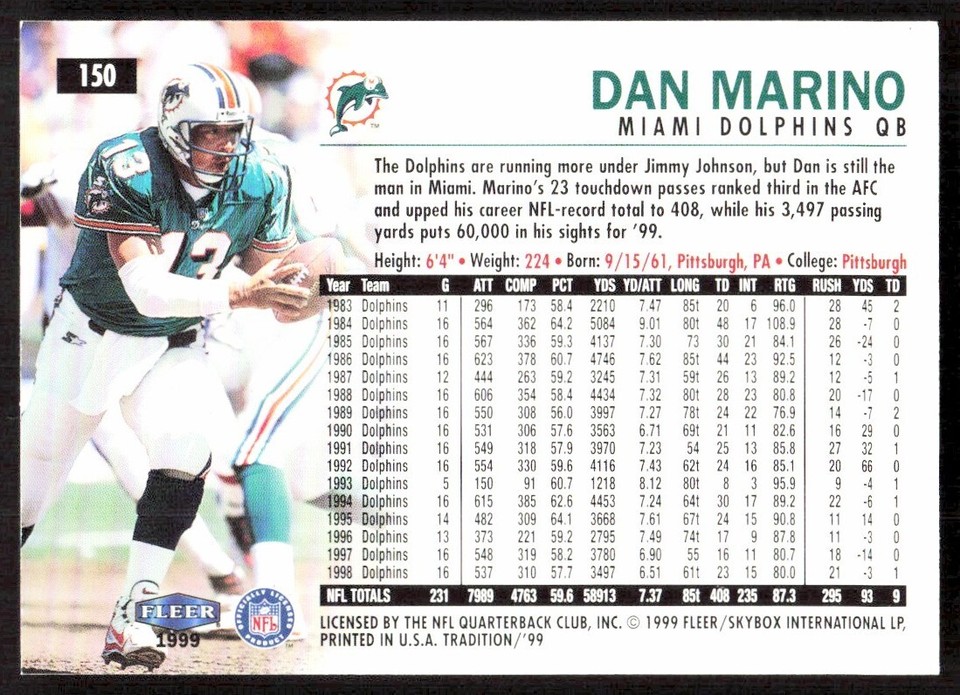 1999 3944A Fleer Tradition Dan Marino Miami Dolphins #150 | eBay