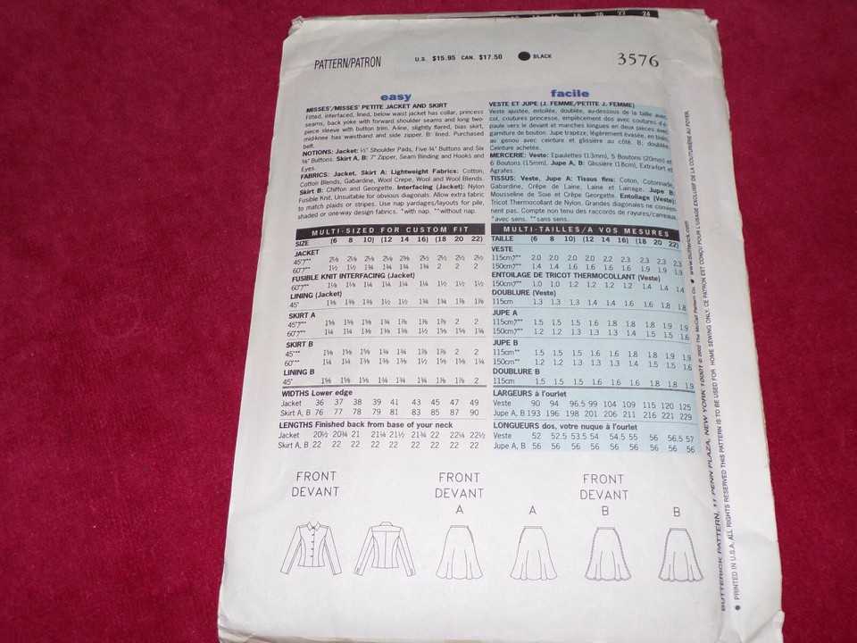🌺 BUTTERICK #3576-LADIES "ELLEN TRACY" TWO STYLE JACKET-SKIRT PATTERN ...