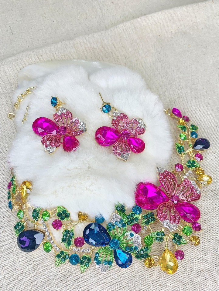 Colorful Crystal Flower Bib Statement Necklace Set Chunky Flower ...