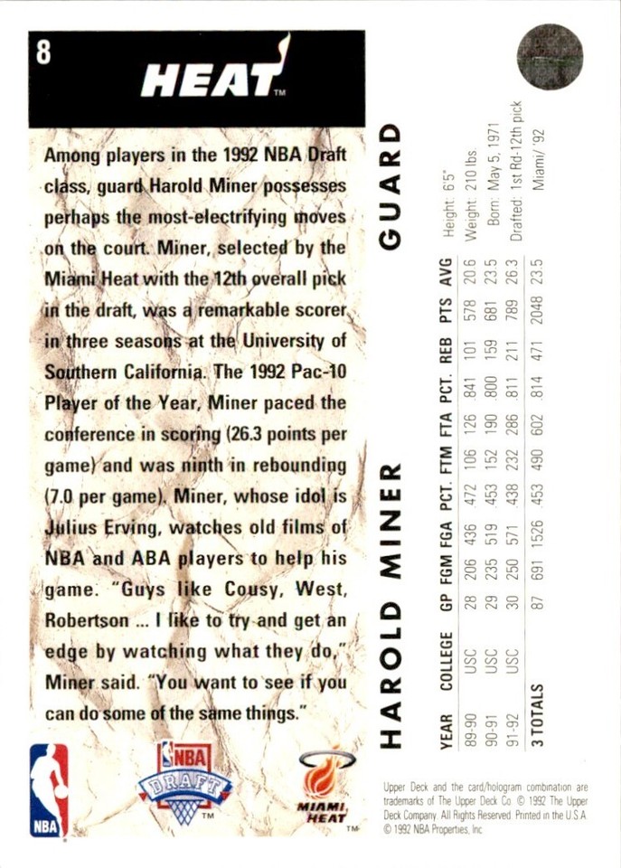 1992-93 Upper Deck Harold Miner Rookie Miami Heat #8 | eBay
