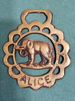 Vintage Brass Horse Bridle Harness Medallion w/ Elephant and word Alice ...