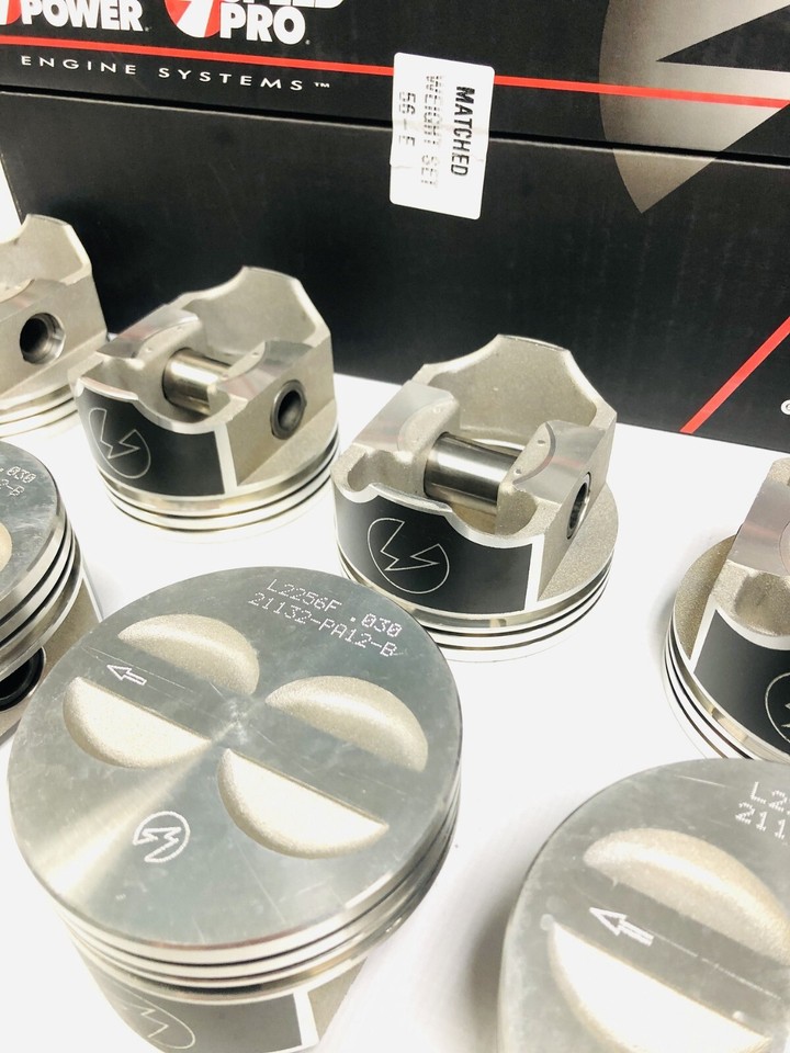 Power Forged coated skirt Flat top Pistons & matching moly top rings SB ...