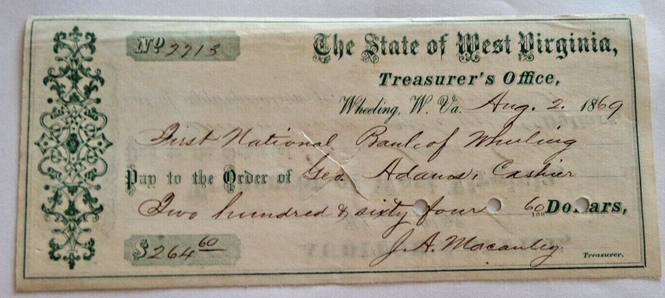 West Virginia check 1869 George Adams General School Fund | eBay