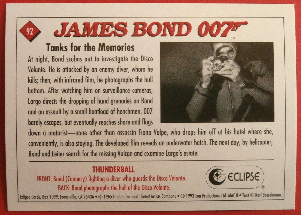 JAMES BOND - Thunderball - Card #092 - TANKS FOR THE MEMORIES, Eclipse ...